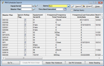 Using the PM Schedule Search Window